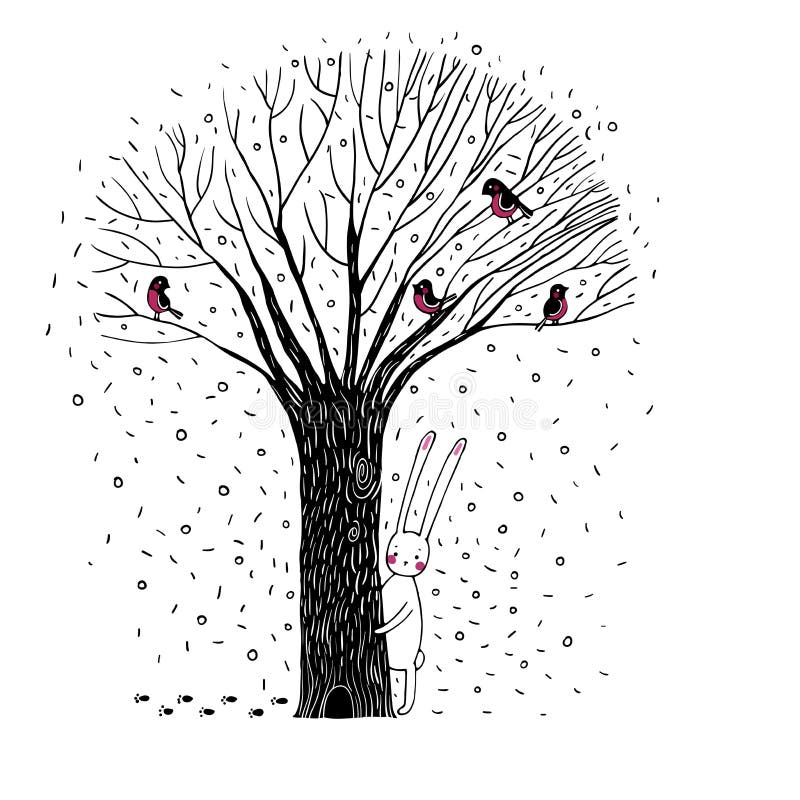 Beautiful Trees, Birds and Rabbit. Stock Vector - Illustration of ...