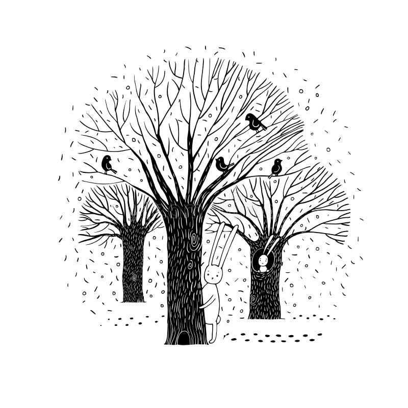 Beautiful Trees, Birds and Rabbit. Stock Vector - Illustration of line ...
