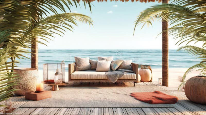 Beautiful Tropical Beach with Palm Trees and a Sofa. Chill Zone Stock ...