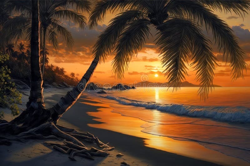 Beautiful Tropical Beach At Sunset With Palm Trees And Orange Sky For