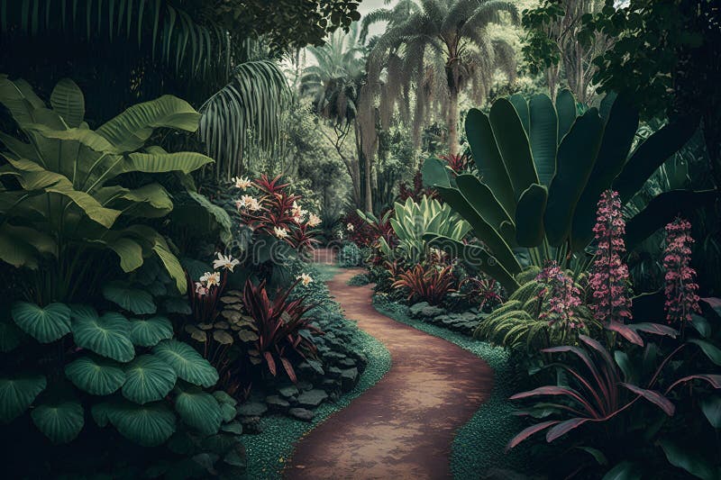 Beautiful Tropical Garden with Pathway and Plants. 3D Rendering Stock ...
