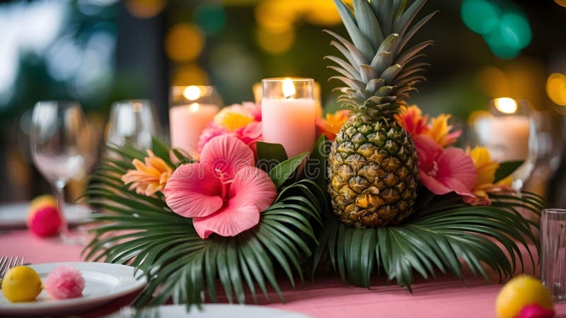 Beautiful Tropical Table Centerpiece Featuring Fresh Flowers and a ...
