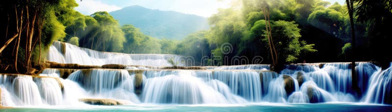 Beautiful Tropical Waterfall Panoramic Banner. Generative AI Stock ...
