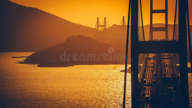 Beautiful Tsing Ma Bridge during a Golden Sunset Stock Image - Image of ...