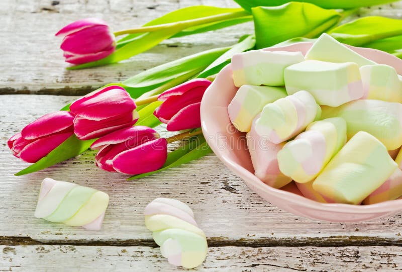 Beautiful Tulips and Multicolor Marshmallows Stock Photo - Image of ...