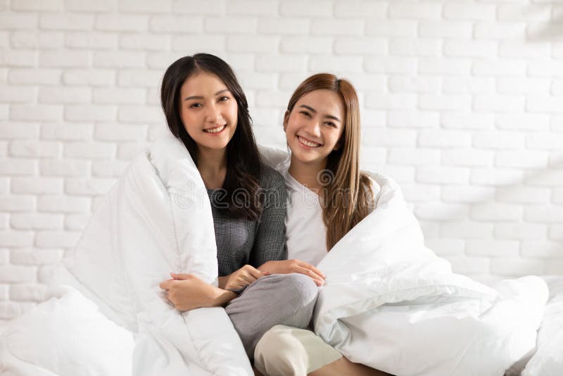 Beautiful Two Female Lgbt Lesbian Embracing Together In Blanket Cover