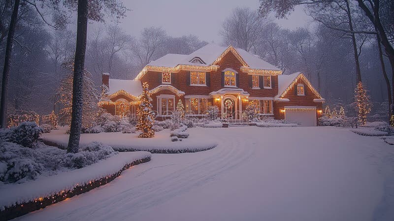 A Beautiful Two-story Cottage, Covered in Christmas Lights Stock ...