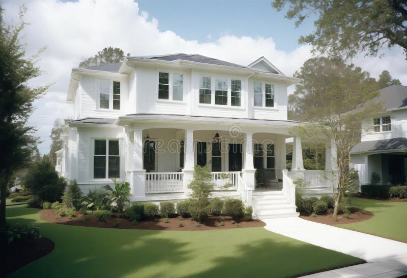 A Beautiful Two-story House with a White Exterior Stock Illustration ...