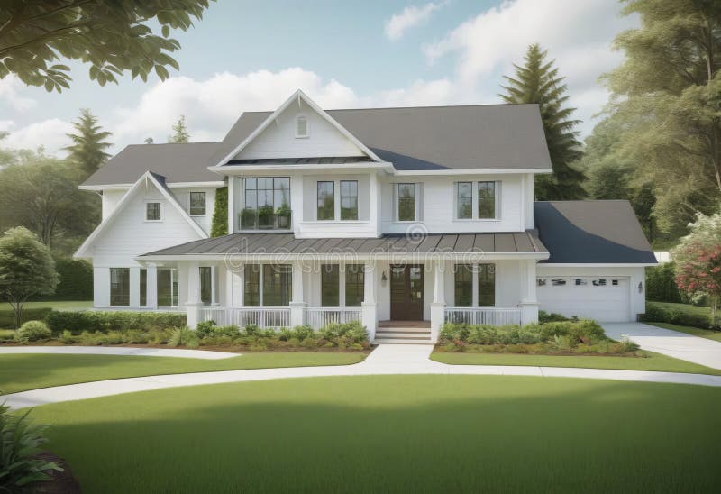 A Beautiful Two-story House with a White Exterior Stock Illustration ...