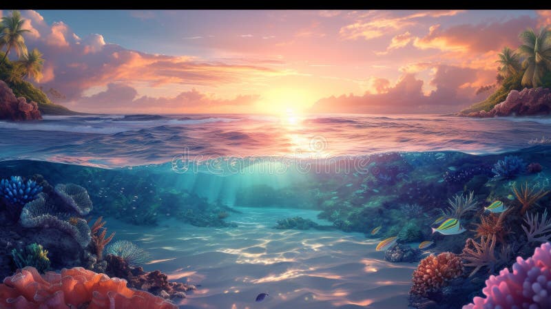 A Beautiful Underwater Scene with a Sunset and Coral Reef, AI Stock ...