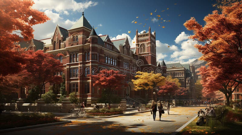 Beautiful University Building with a Yard Full of Students. AI ...