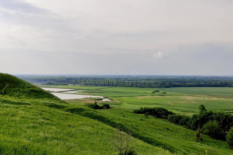 Beautiful Valley with Fields, Trees, Clouds in the Sky, View Fro Stock ...