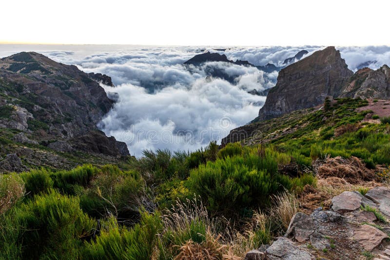 Beautiful Valley in the Mountains at Sunset, Clouds Below the Viewpoint ...