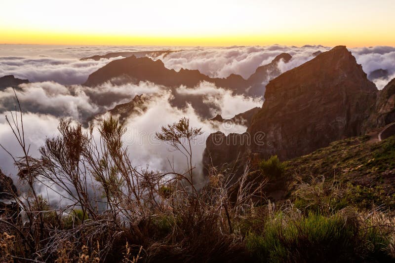 Beautiful Valley in the Mountains at Sunset, Clouds Below the Viewpoint ...