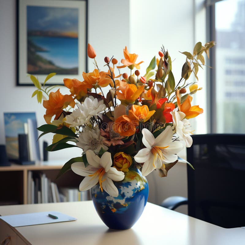 Beautiful Vase with Flowers on the Desk in Office Stock Image - Image ...