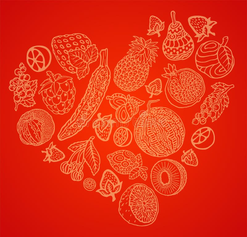 Art with Fruits and Berries Set in the Shape of Heart Stock Vector ...