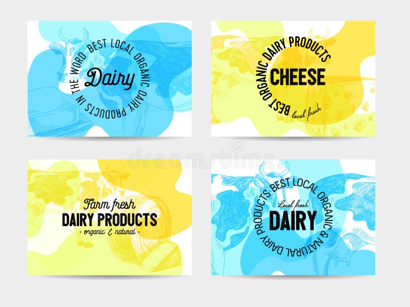 Beautiful Vector Hand Drawn Dairy Products Card Set Stock Vector