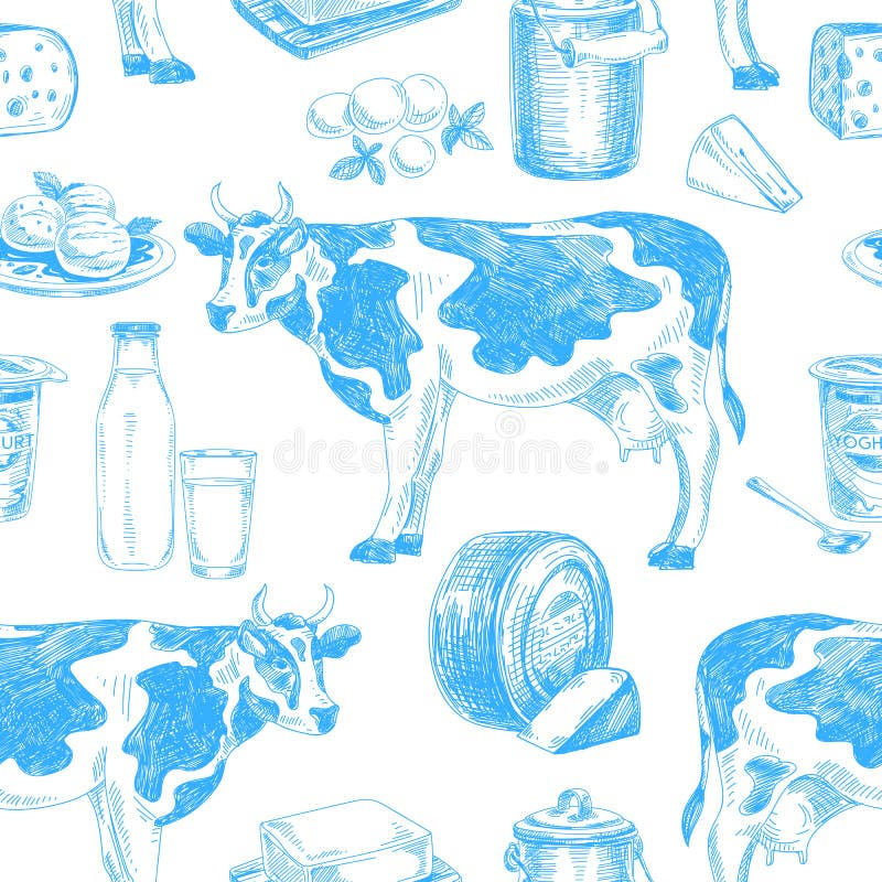 Beautiful Vector Hand Drawn Dairy Products Seamless Pattern. Stock ...