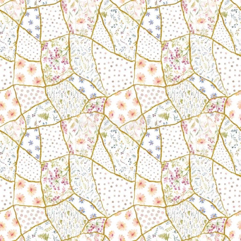 Beautiful Vector Seamless Patchwork Floral Pattern with Watercolor Hand Drawn Flowers. Stock ...