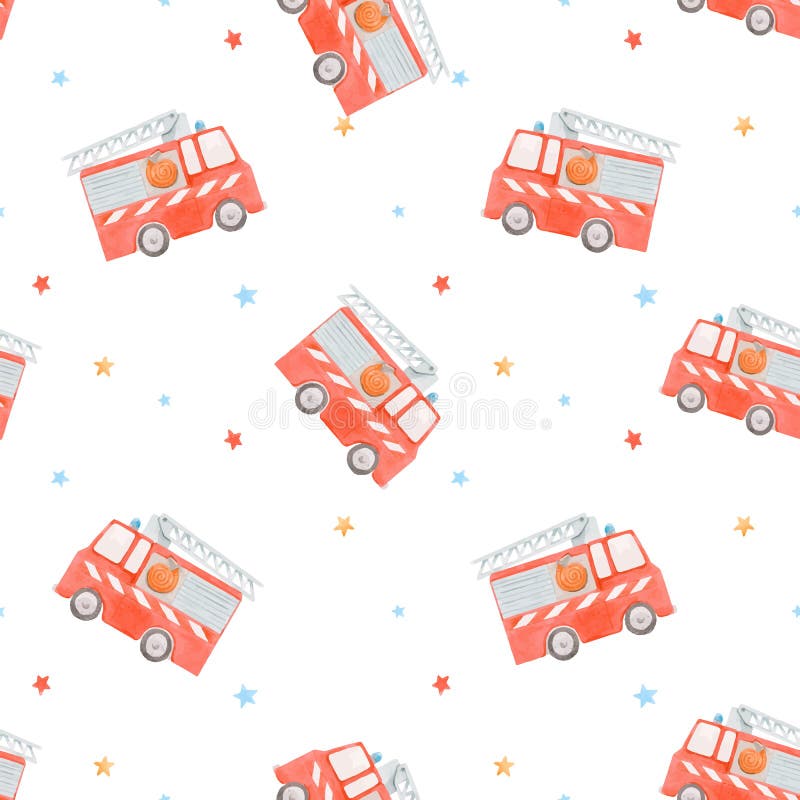 Beautiful Vector Seamless Pattern with Cute Watercolor Toy Fire Engine ...