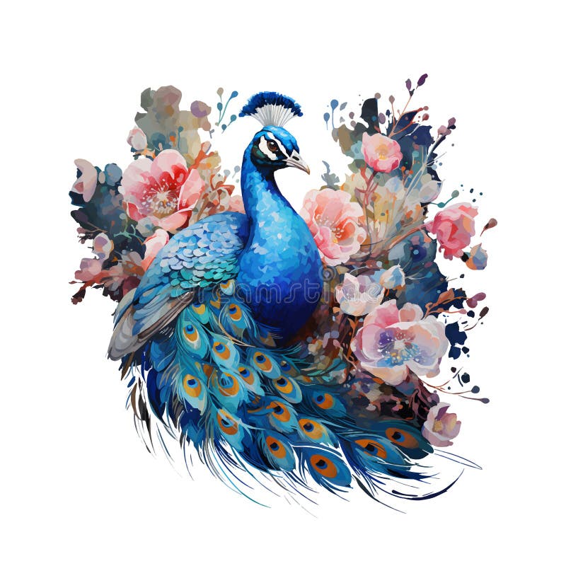 Beautiful Vector Watercolor Illustration of a Peacock among Flowers ...