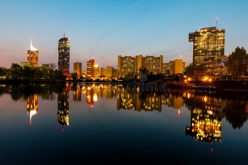 Beautiful Vienna Skyline on the Danube River at Night Stock Photo ...