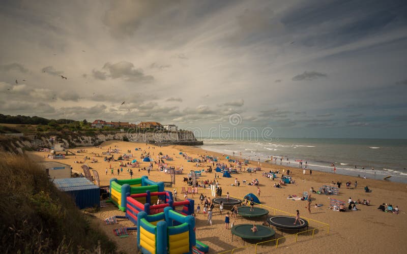 Beautiful View of a Beach with Many People and Flying Birds Editorial ...
