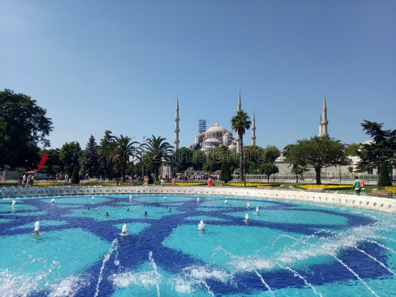 A Beautiful View of Blue Mosque and Water Fountain Editorial ...