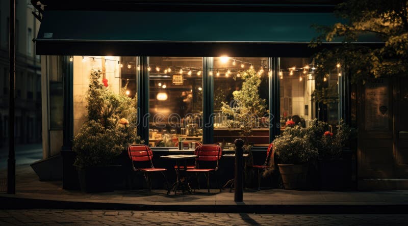 Beautiful View of Cafe with Outdoor Terrace at Night Stock Illustration ...