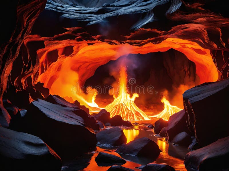 Beautiful View of the Cave with Fire and Lava Stock Illustration ...