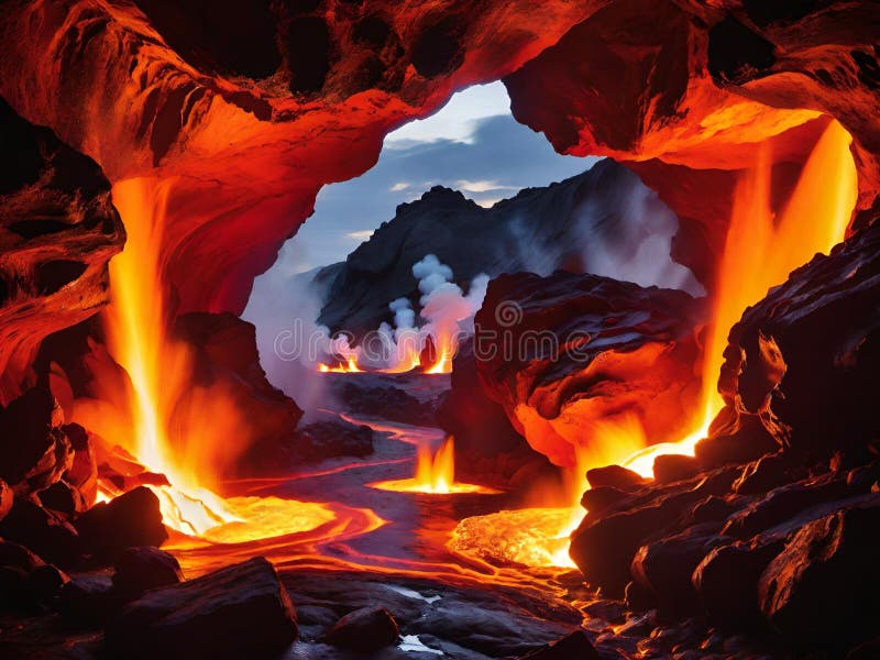 Beautiful View of the Cave with Fire and Lava Stock Illustration ...