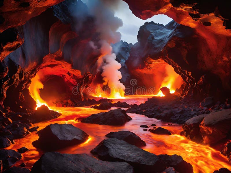 Beautiful View of the Cave with Fire and Lava Stock Illustration ...
