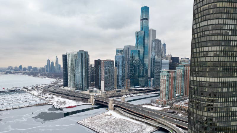 Beautiful View of the Chicago Skyline and Winter Coast Under the Cloudy ...