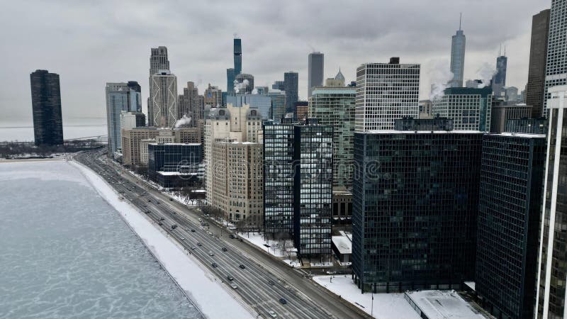 Beautiful View of the Chicago Skyline and Winter Coast Under the Cloudy ...