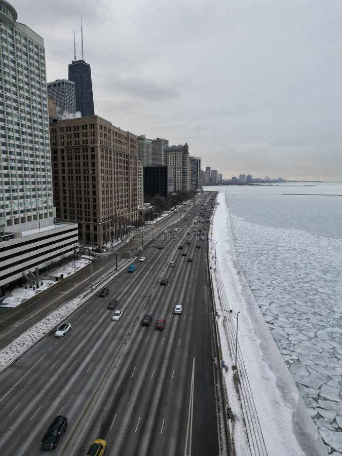Beautiful View of the Chicago Skyline and Winter Coast Under the Cloudy ...
