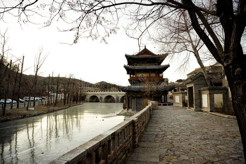 Beautiful View of China River with Bridge and Temple Buildings Stock ...