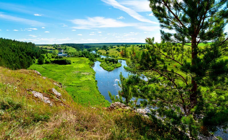 Beautiful View from the Cliff To the River, Forest and Green Alpine ...