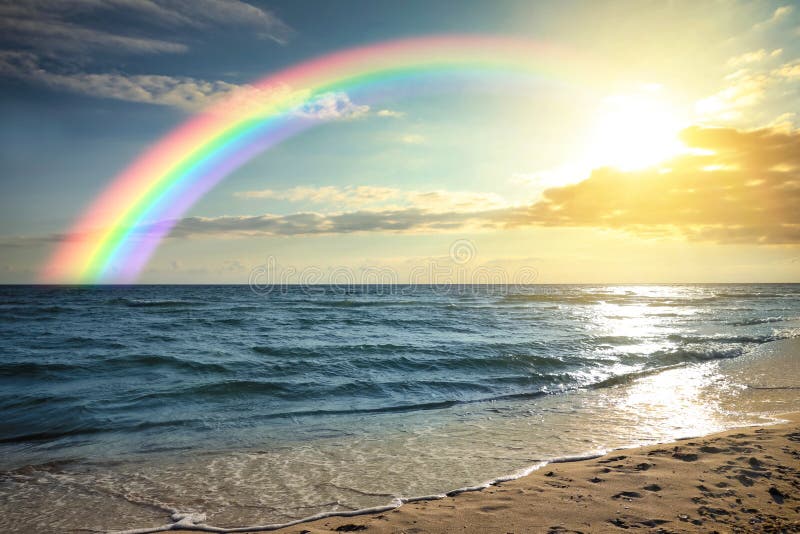 Beautiful View of Colorful Rainbow in Sky Over Sea Stock Photo - Image ...