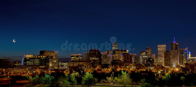 Beautiful View of Denver Skyline with Moon at Night Stock Photo - Image ...
