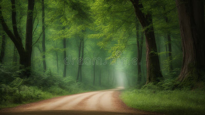 A Beautiful View of a Dirt Road in a Forest with a Green Light Stock ...
