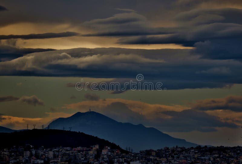 Beautiful View Down on the City, Clouds and Mountains Stock Image ...