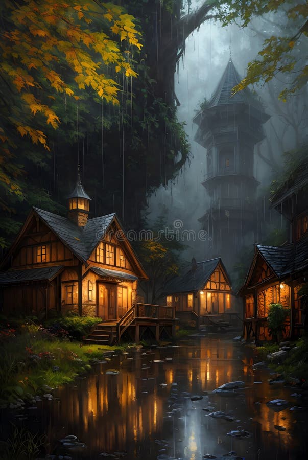 Beautiful View Fantasy Village in Rainy Ai Generated Stock Illustration ...