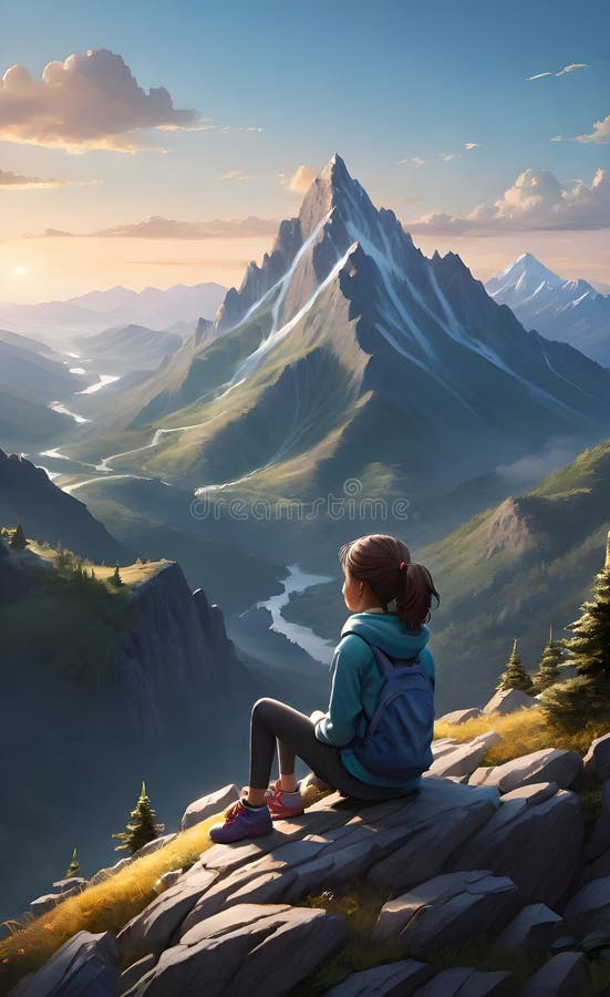 Girl Siting on Top of Mountain Ai Generated Stock Illustration ...