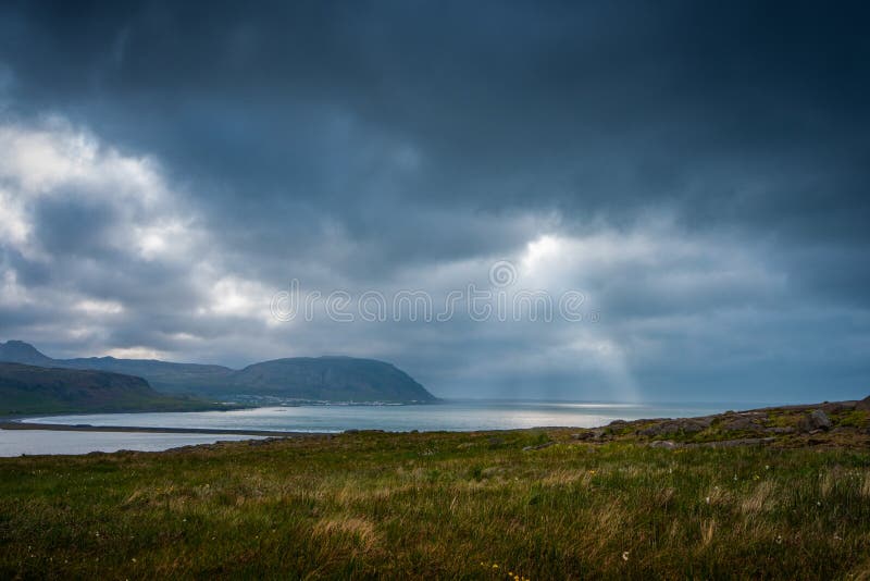 Beautiful View of the Icelandic Bay with Sunbeams Stock Image - Image ...