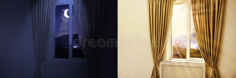 Beautiful View of Landscape through Windows in Day and Night, Collage ...