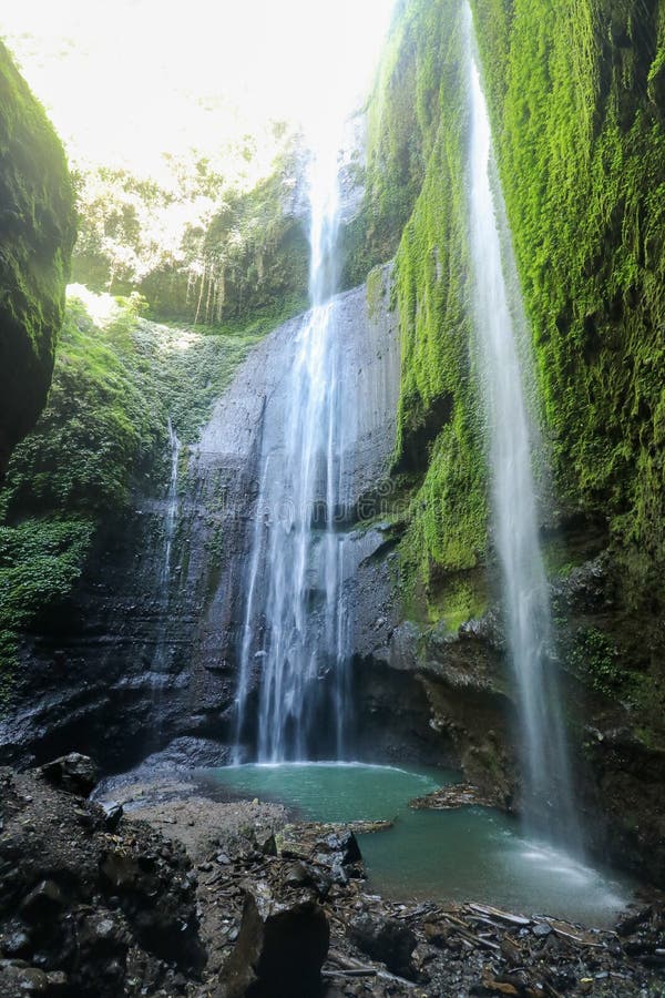 Beautiful View of Madakaripura Waterfall with Green Moss and Blue Sky ...