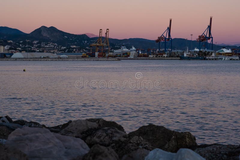 Beautiful View of Malaga Port at Dusk Stock Image - Image of europe ...