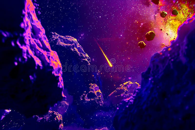 Beautiful View of a Meteor Passes between Asteroids Cluster in Space AI ...