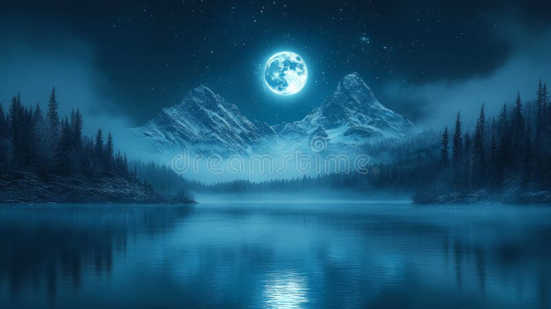 View with Misty Blue Mountain Silhouette with Super Full Moon Stock Illustration - Illustration ...