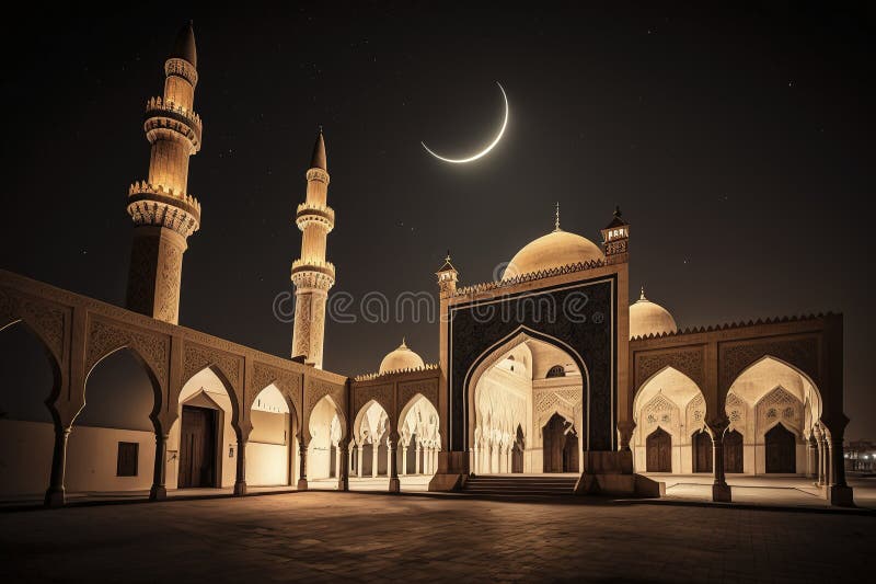 Beautiful View of the Mosque at Night with the Crescent Moon in the ...